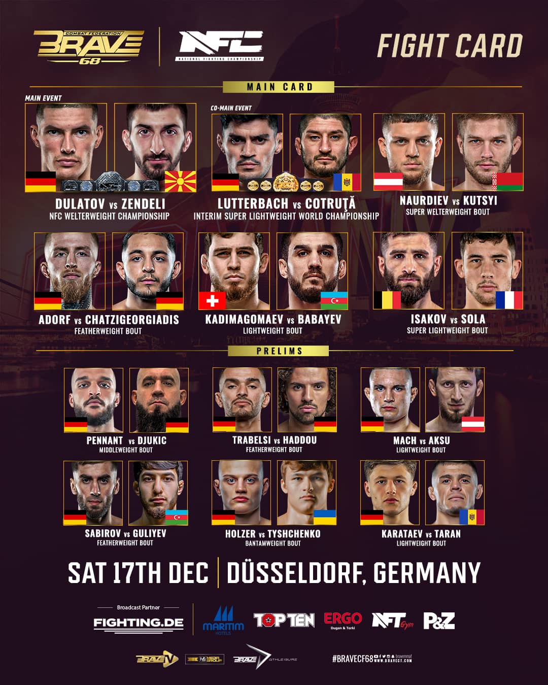 Two titles on the line, 10 nations represented: BRAVE CF 68's full fight card is official